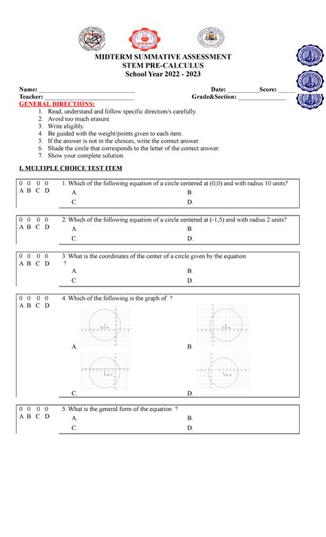 Precalculus 1st Quarter Summative Test Midterm Summative Assessment