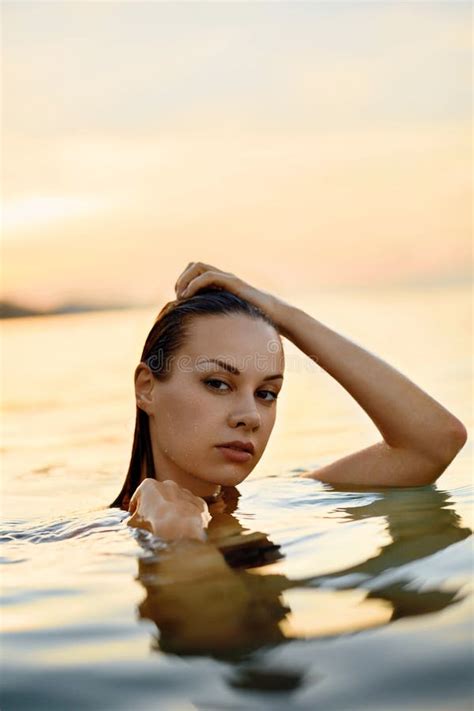 Body Care Woman Enjoying Sea Sunset Healthy Lifestyle Summer Stock
