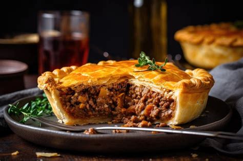 Prato De Torta De Carne Com Crosta Dourada E Esfolada Ilustração Stock