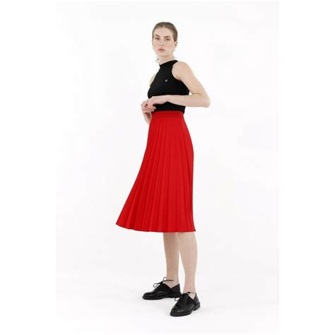 Red Pleated Midi Skirt
