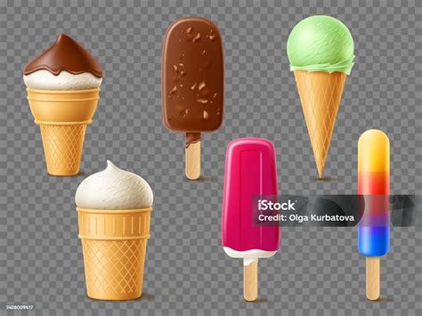 아이스크림 현실적인 우유 디저트 차가운 요구르트 여름 냉동 주스 달콤한 음식 바닐라 민트와 초콜릿 와플 콘과 스틱 과일 팝시클 고립 된 3d 요소 완전한 벡터 세트 3차원