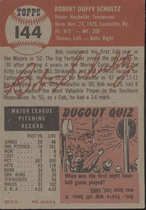Bob Schultz 1953 Topps 144 Chicago Cubs Vg Collector Store Llc