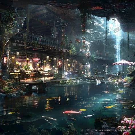 Ai创作图场景氛围图 科幻场景设计 空间感场景 幻想城市风景 未来水世界 未来人类居住地 科幻原画 水族箱场景设计 Cg场景 场景max 水上