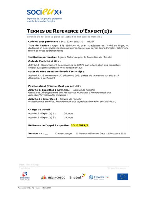 Remplissable En Ligne Termes De Reference Tdr Fax Email Imprimer Pdffiller