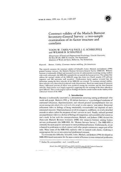 Pdf Construct Validity Of The Maslach Burnout Inventory General
