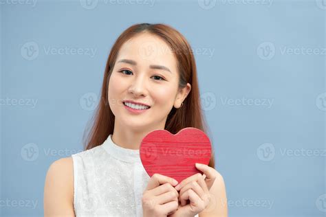 Happy Woman Hold Red Heart Beautiful Female Model Posing On Isolated