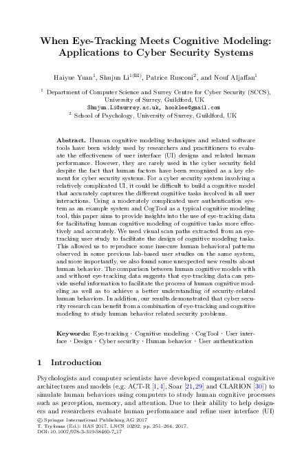 Pdf When Eye Tracking Meets Cognitive Modeling Applications To Cyber Security Systems
