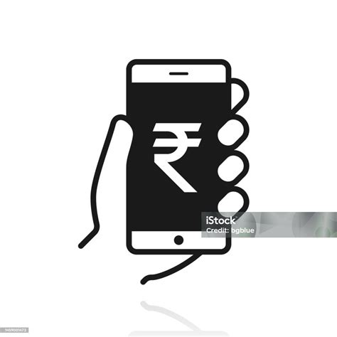 인도 루피 기호가 있는 스마트폰 흰색 배경에 반사된 아이콘 Brand Name Mobile Payment에 대한 스톡 벡터 아트
