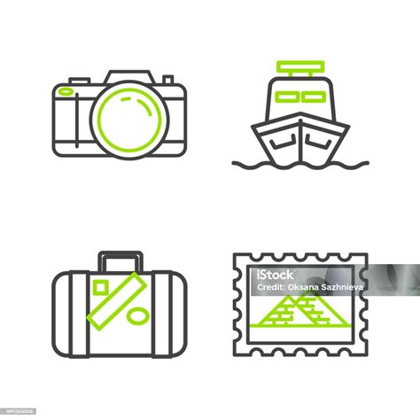 라인 우편 우표와 이집트 피라미드 여행 스티커 가방 선박 및 사진 카메라 아이콘을 설정합니다 벡터 가방에 대한 스톡 벡터 아트