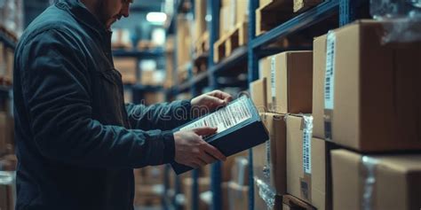 Warehouse Worker Scanning Package Barcodes Using Inventory Device Stock Illustration
