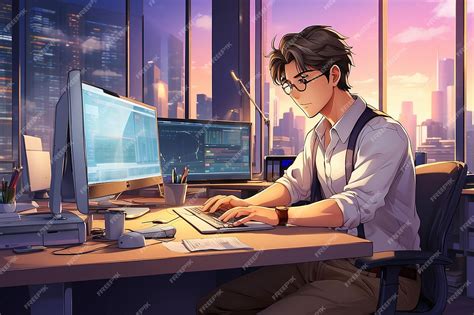 Premium Ai Image Anime Engineer Working On A Computer In Office Engineering And Architecture
