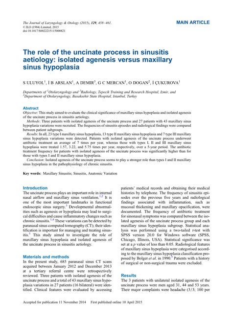 Pdf The Role Of The Uncinate Process In Sinusitis Aetiology Isolated
