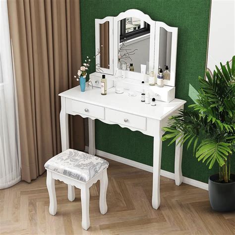 Juego de mesa de espejo de tocador taburete de madera para niñas tocador simple retro espejos