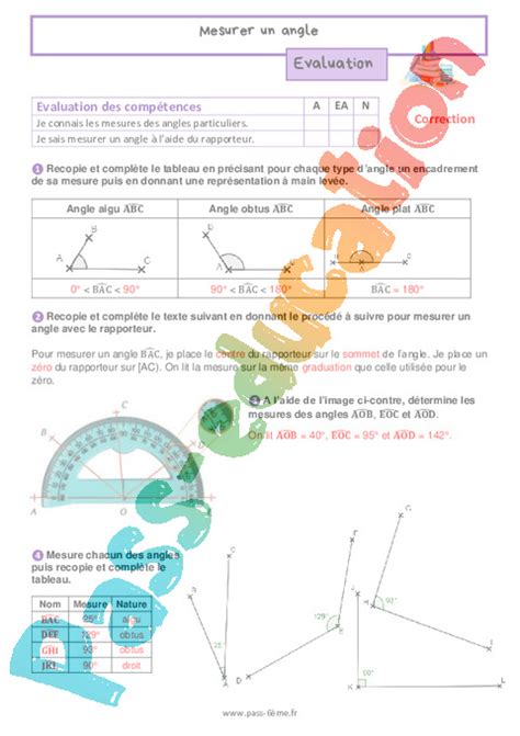Mesurer un angle Examen Evaluation de géométrie pour la 6eme