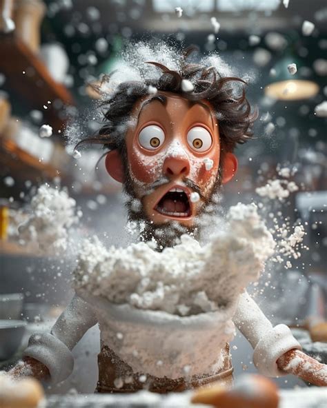 A 3d Stylized Baker Character Caught Offguard By An Exploding Flour Bag