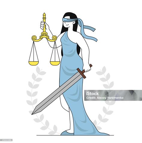 정의의 여자 개념입니다 눈가리개를 하고 손에 비늘을 들고 칼을 든 소녀 신화의 그리스 여신 법리와 판단 법률 지원 선형 평면