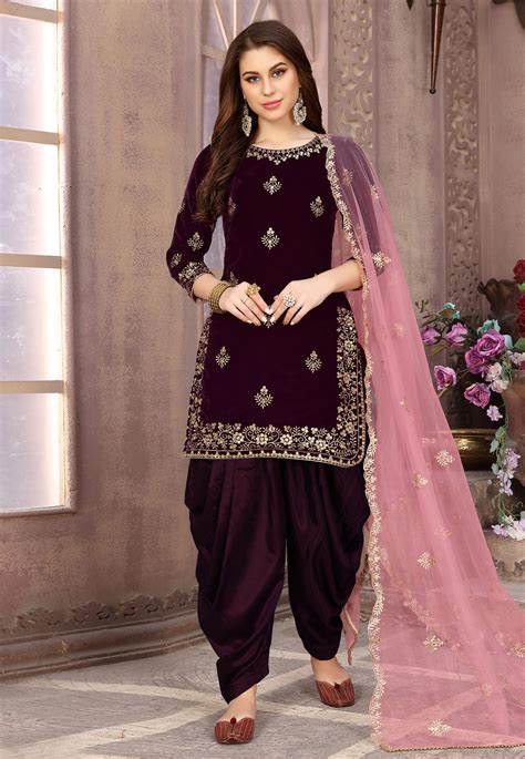 Purple Velvet Embroidered Punjabi Suit 194852