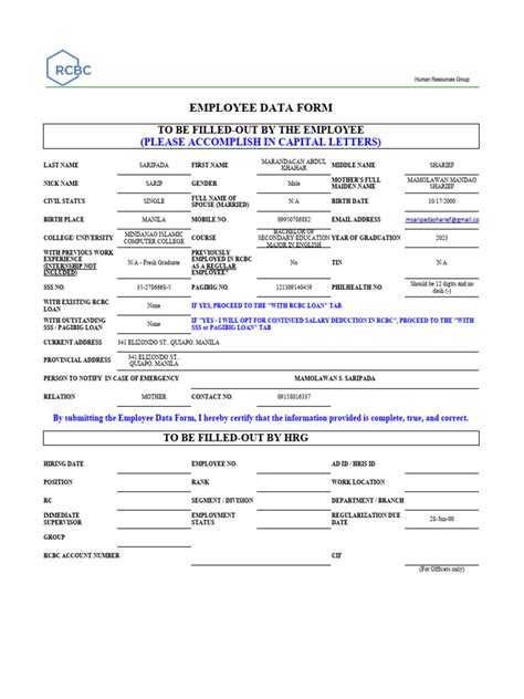 B Employee Data Form Pdf Loans Business