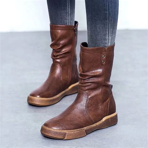 Womens Martin Boots Autumn And Winter New Plus Velvet Low Heel Mid Calf