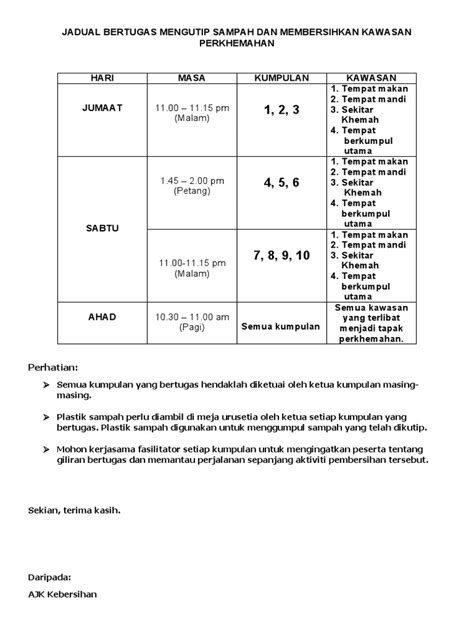 Jadual Bertugas Mengutip Sampah Dan Membersihkan Kawasan Perkhemahan Pdf