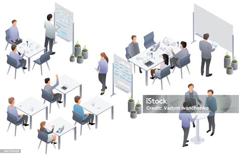 비즈니스 프리젠테이션 연설 비즈니스 프레젠테이션 회의 코워킹 워크숍 직장 브레인스토밍 및 토론이 분리된 팀워크 세트 지표 및 코칭 벡터 아이소메트릭 3d 3차원 형태에 대한