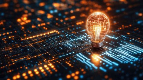 Glowing Lightbulb On Futuristic Circuit Board With Digital Patterns Stock Illustration