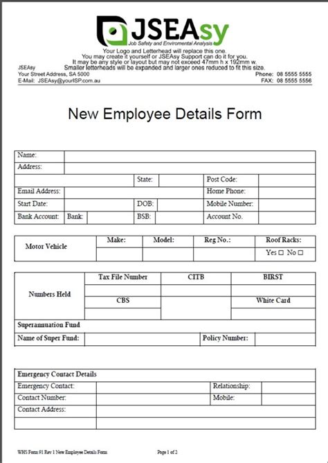 New Employee Details Form Jseasy Australia