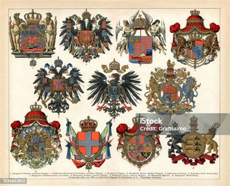 Badges From Countries In Europe 19th Century向量圖形及更多盾徽圖片 盾徽 皇室 徽章