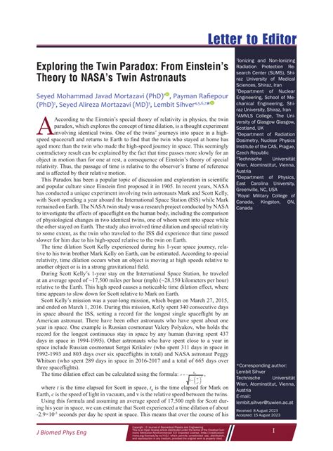 Pdf Exploring The Twin Paradox From Einsteins Theory To Nasas Twin