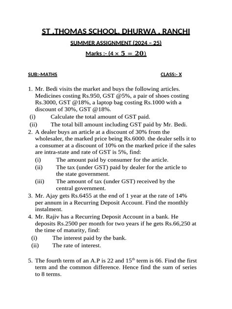 Maths Summer Assignment Class X Pdf