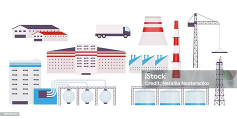 工業工廠平面彩色向量物件集發電廠建築運輸建築起重機管道和煙囪2d孤立的卡通插圖在白色背景能源生產向量圖形及更多儲油罐圖片 Istock