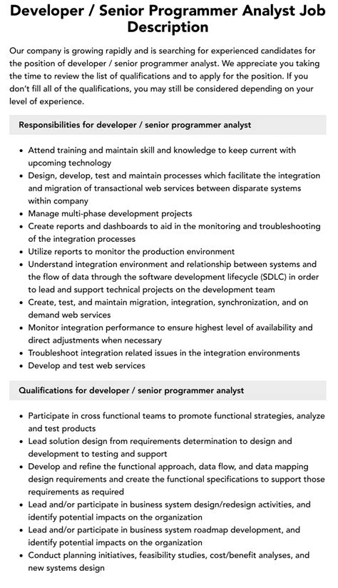 Developer Senior Programmer Analyst Job Description Velvet Jobs