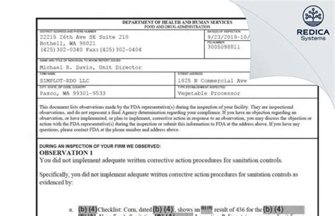 Simplot Frozen Vegetables Llc Pasco United States Of America Fda 483s