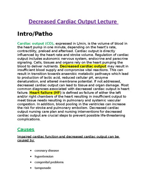 Decreased Cardiac Output Lecture Decreased Cardiac Output Lecture Intro Patho Cardiac Output