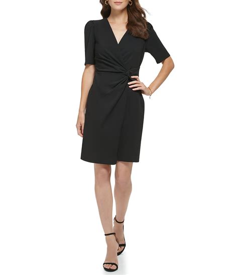 Dkny By Donna Karan Surplice V Neck Short Puffed Sleeve Twisted Waist