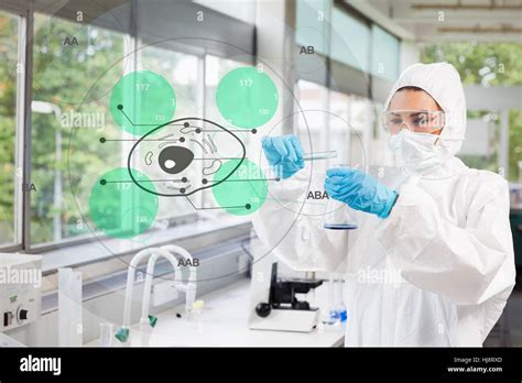 Scientist In Protective Suit Working With Green Cell Diagram Interface