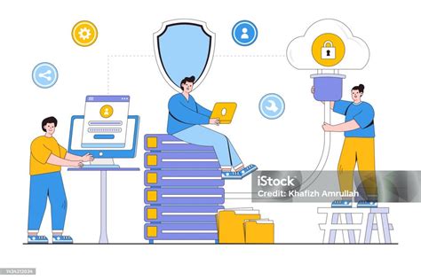 플랫 비즈니스 기술 클라우드 스토리지 및 워크스테이션 개념에 종사하는 관리자 및 개발자와 서버 서비스 윤곽선 디자인 스타일 최소