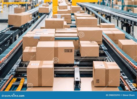 Close Up Of Cartons On Transportation Assembly Line In Express Factory