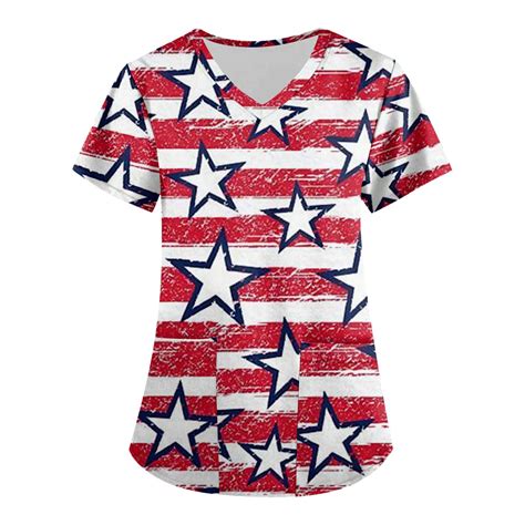 Tqwqt Scrub Tops Women Print Clearance Short Sleeve Cute American Flag