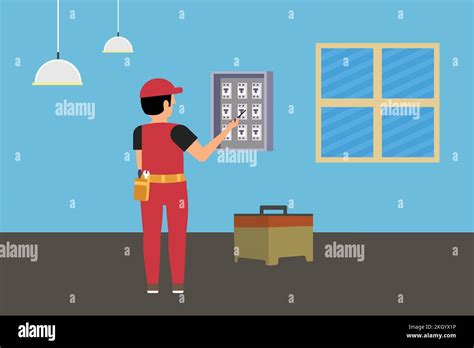 Electrician Working On House Electric Board With A Screwdriver Vector