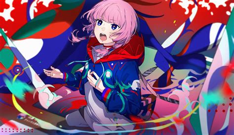 Safebooru 1girl Abstract Background Blue Eyes Blue Jacket Blush