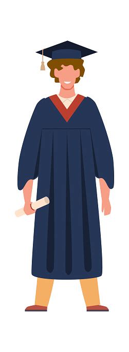 대학원생 대학 또는 대학을 졸업 학술 가운과 인증서 또는 졸업장 검은 모자를 입고 행복한 소년 플랫 벡터 만화 고립 된 일러스트레이션 졸업 가운에 대한 스톡 벡터 아트 및