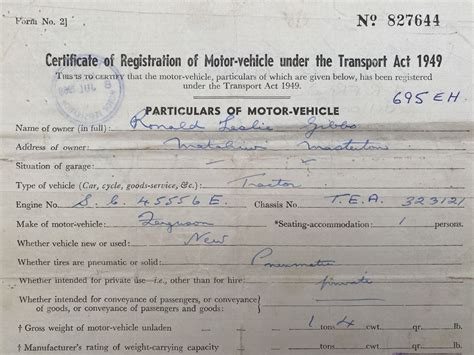 Old Document Certificate Of Registration Of Motor Vehicle 1953