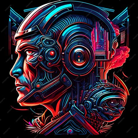 교묘한 벡터 영감 인간과 미래 로봇 헤드 퓨전 그래픽 프리미엄 벡터