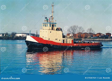 Blue Tug Boat With White Superstructure Underway Side View Editorial Photo Image Of Channel