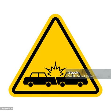 ความสนใจรถชน ข้อควรระวังรถเกิดอุบัติเหตุ สัญลักษณ์ซากรถขนส่ง ป้ายถนนอันตรายสีเหลือง ภาพประกอบ