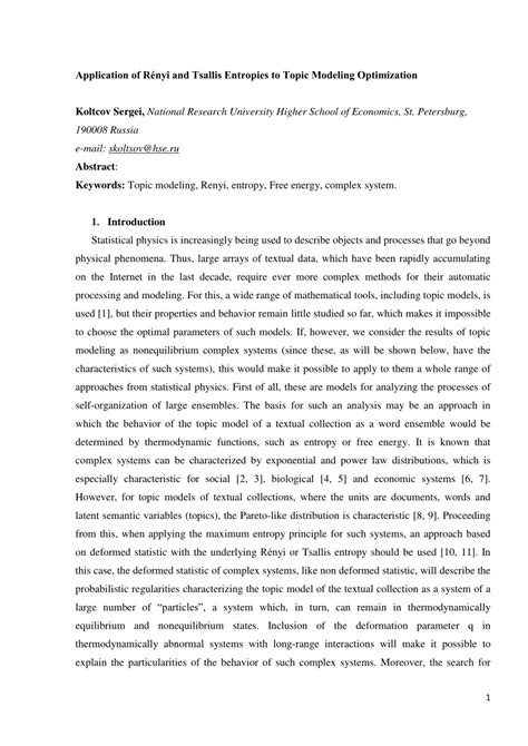 Pdf Application Of Rényi And Tsallis Entropies To Topic Modeling Optimization