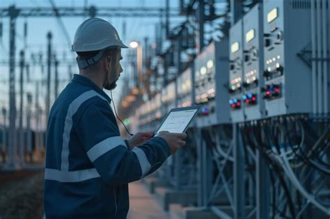 Premium Photo Electrical Engineer Inspecting Power Grid At Dusk