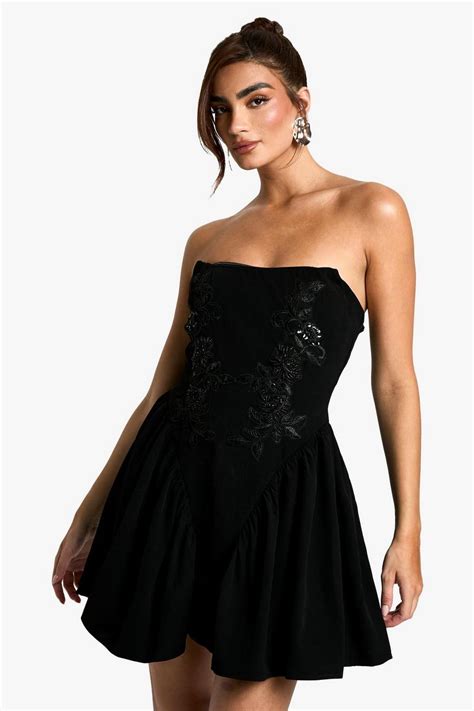 Embellished Woven Crepe Mini Skater Dress Boohoo Uk