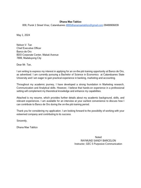 Letter For Ojt Application Pdf